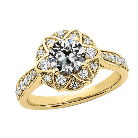 Round Old Cut Real Natural Earth Mined Diamond Halo Ring Star Style 14 ...