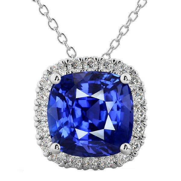 Halo Cushion Blue Sapphire & Natural Earth Mined Diamond Pendant Jewel ...