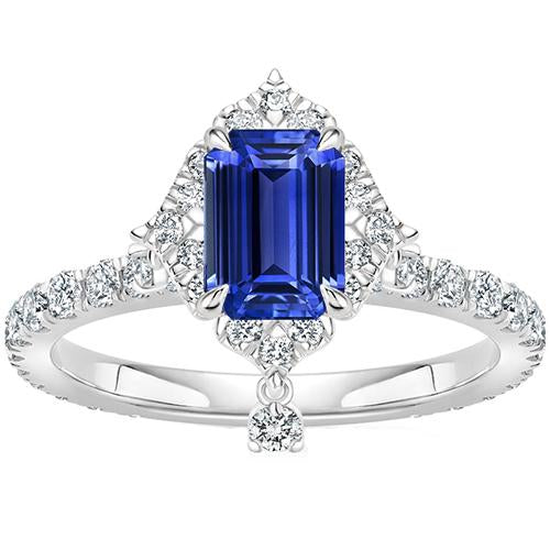 Engagement Ring Pyramid Style Blue Sapphire & Natural Earth Mined Diam ...